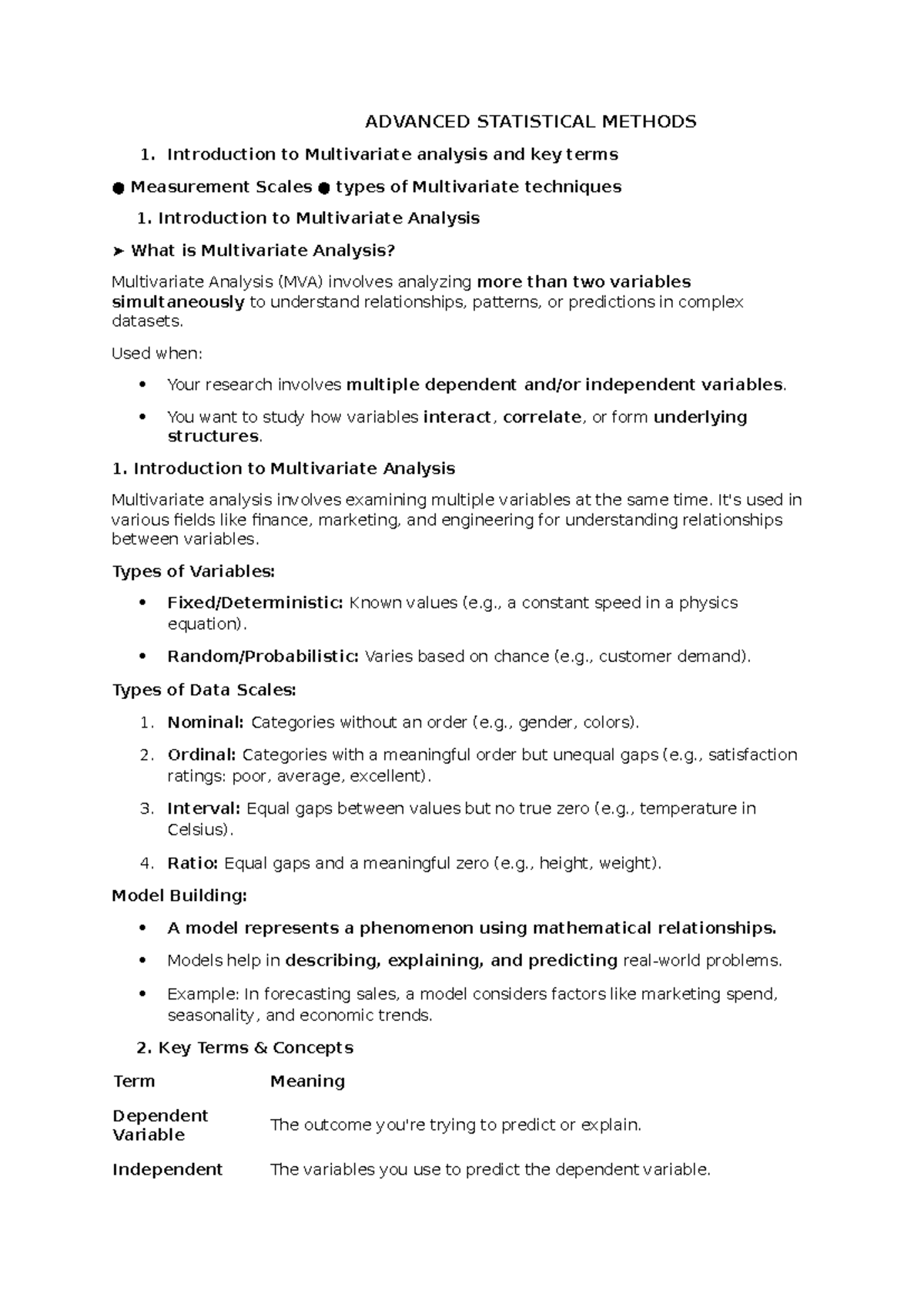 ASM - Advanced Statistical Methods: Multivariate Analysis Overview ...
