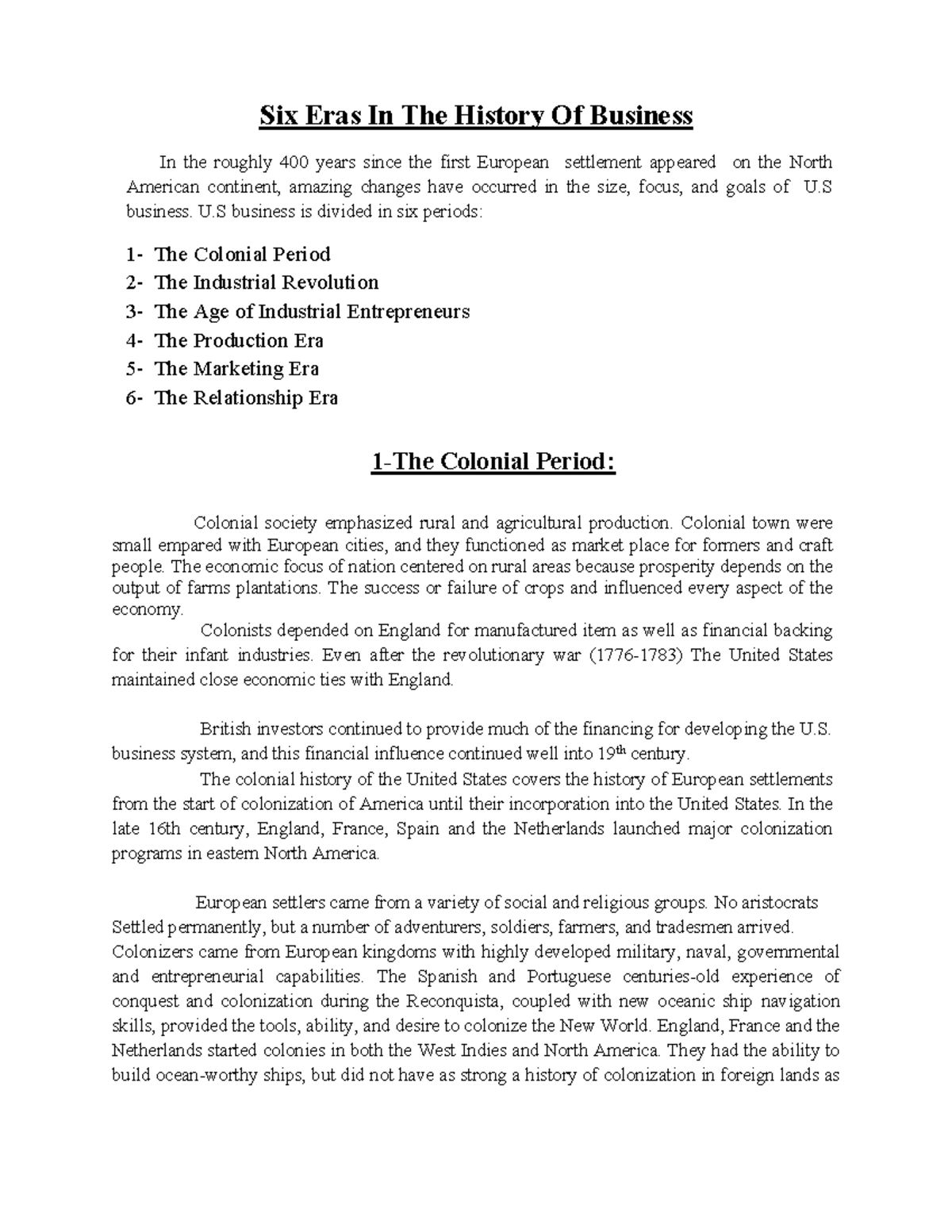 Six Eras In the History of Business - U business is divided in six ...