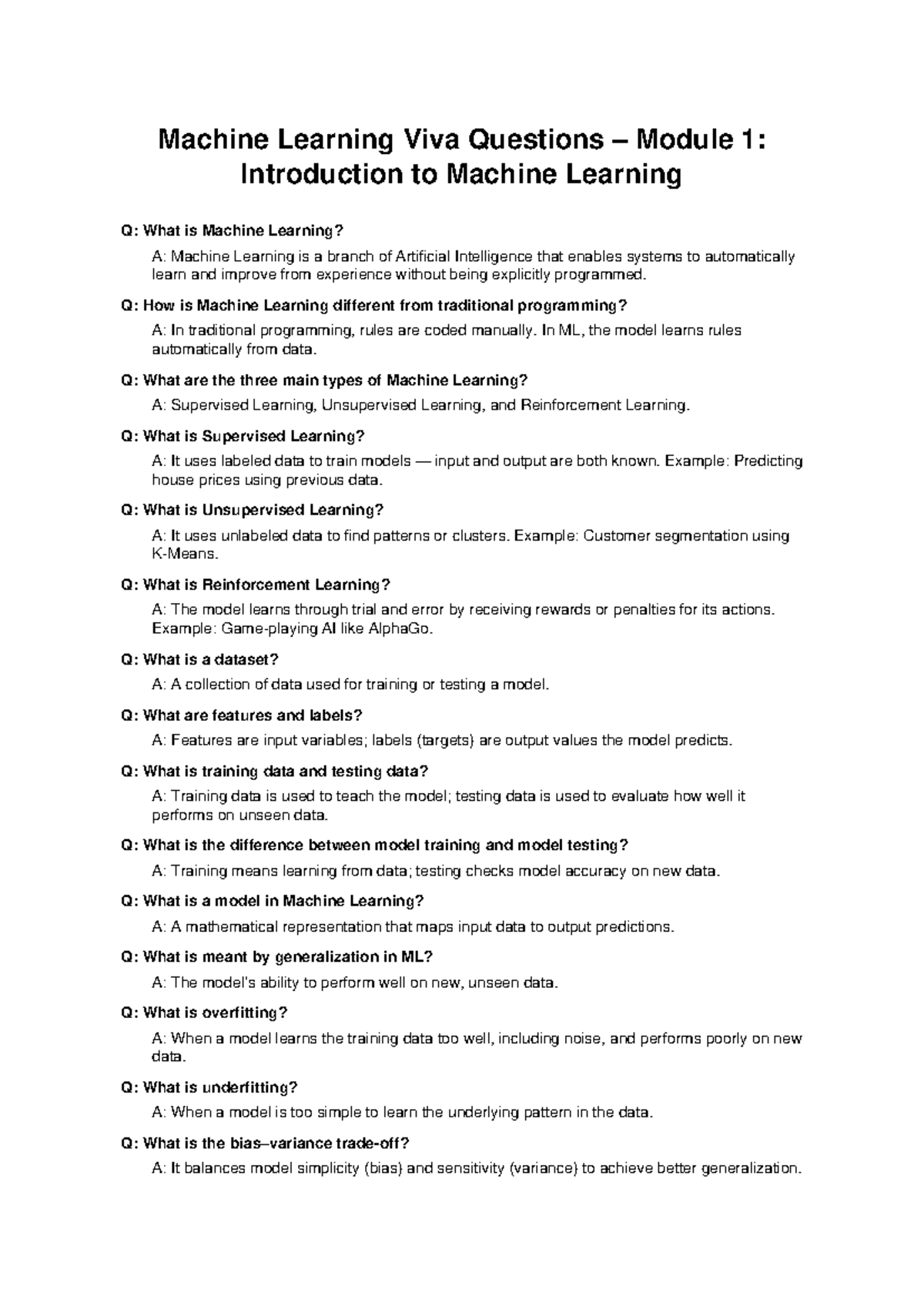 ML Viva Questions Module 1: Intro to Machine Learning Concepts - Studocu