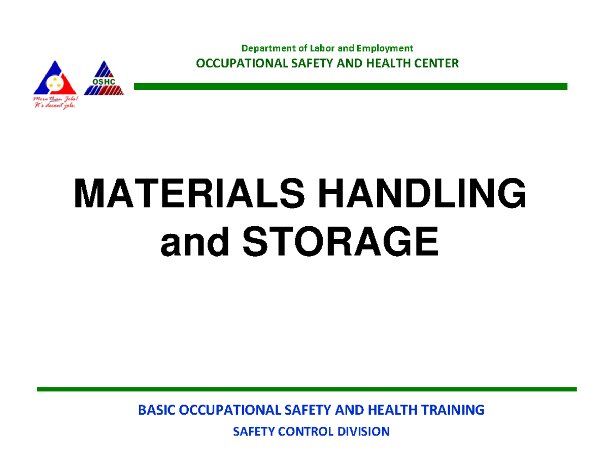 Material Handling & Storage - BASIC OCCUPATIONAL SAFETY AND HEALTH ...
