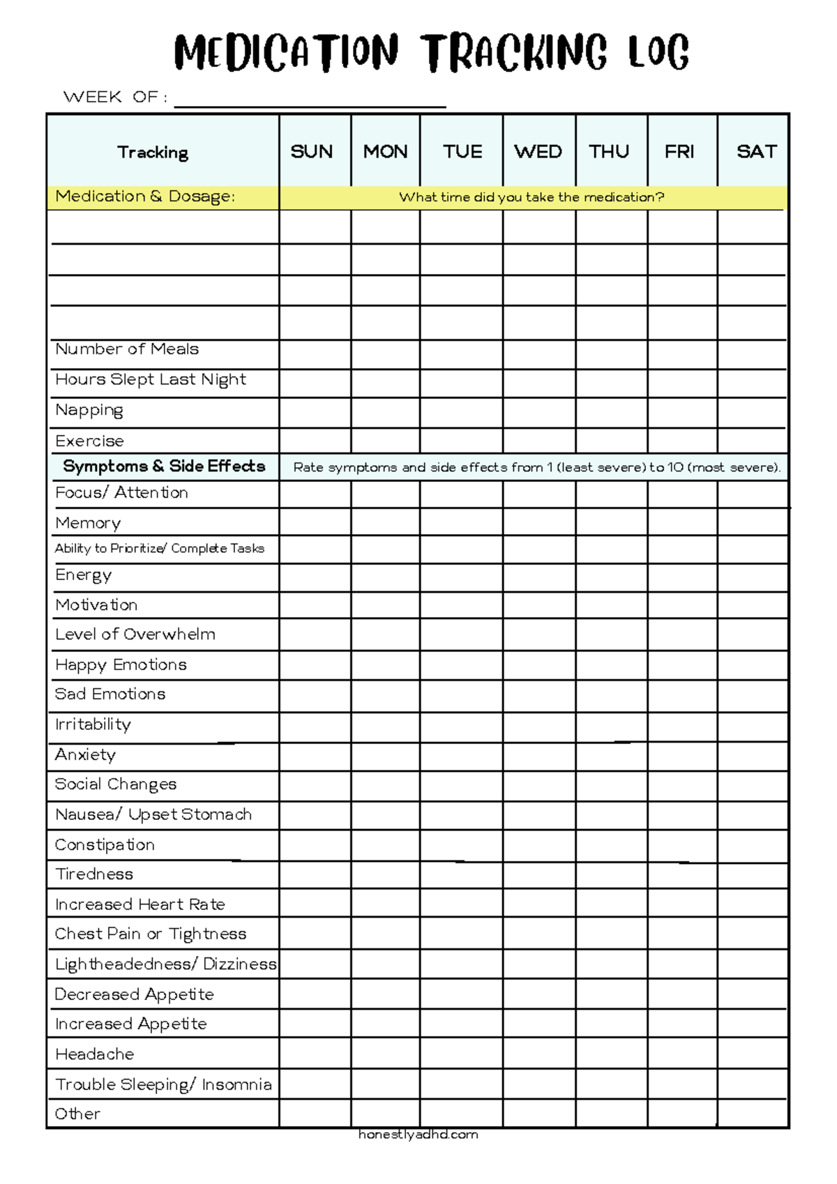 ADHD medication tracking log - Focus/ Attention Memory Ability to ...