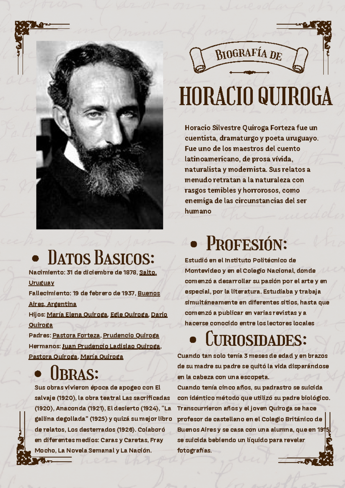 Biografia de horacio quiroga 2 - HORACIO QUIROGA B i o g r a f í a d e ...