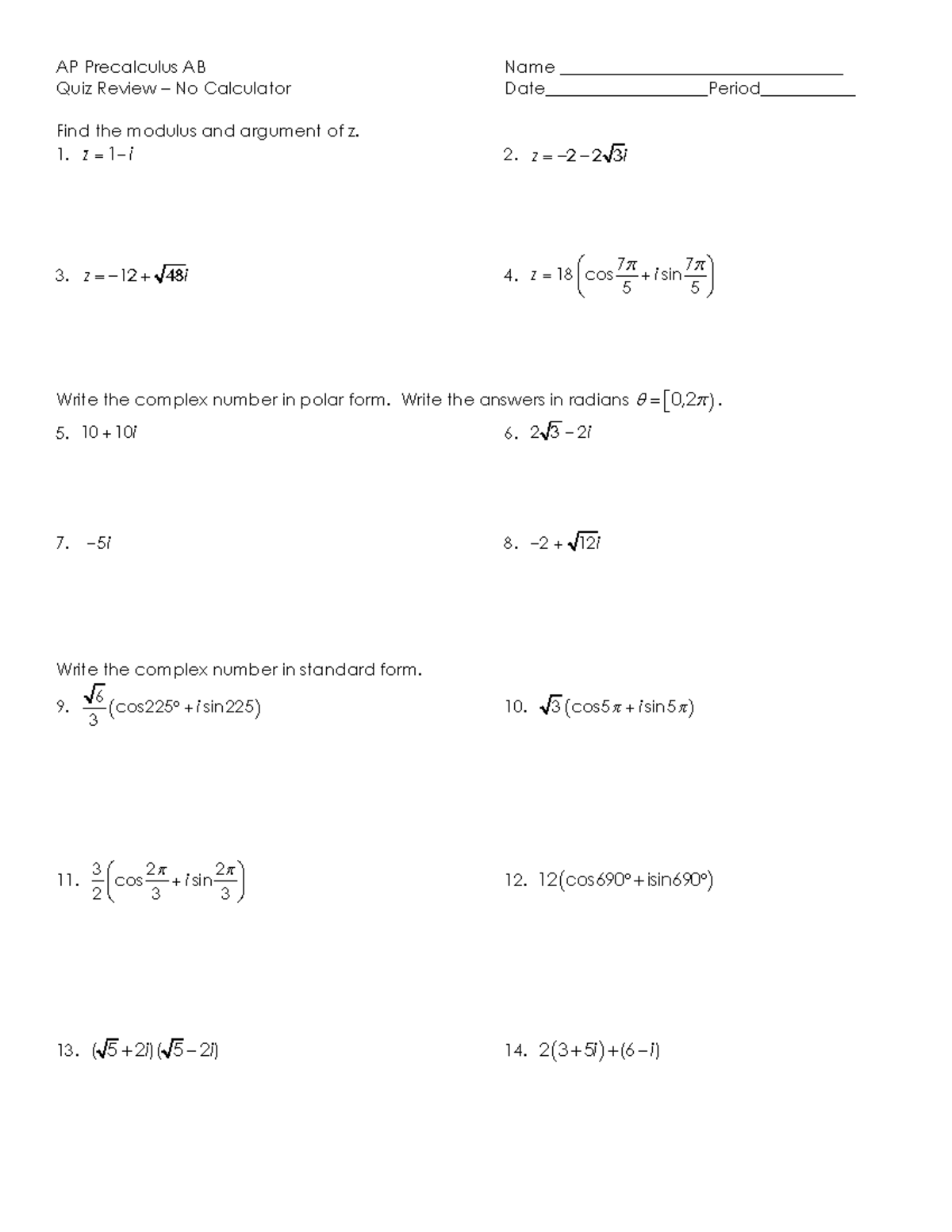 AP Precalculus AB Quiz Review: Complex Numbers & Polar Form - Studocu