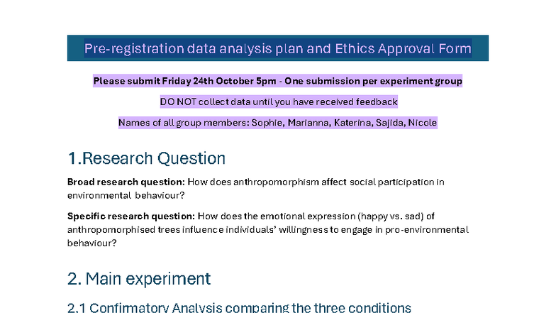 Data Analysis Plan & Ethics Approval for Experiment on Anthropomorphism ...