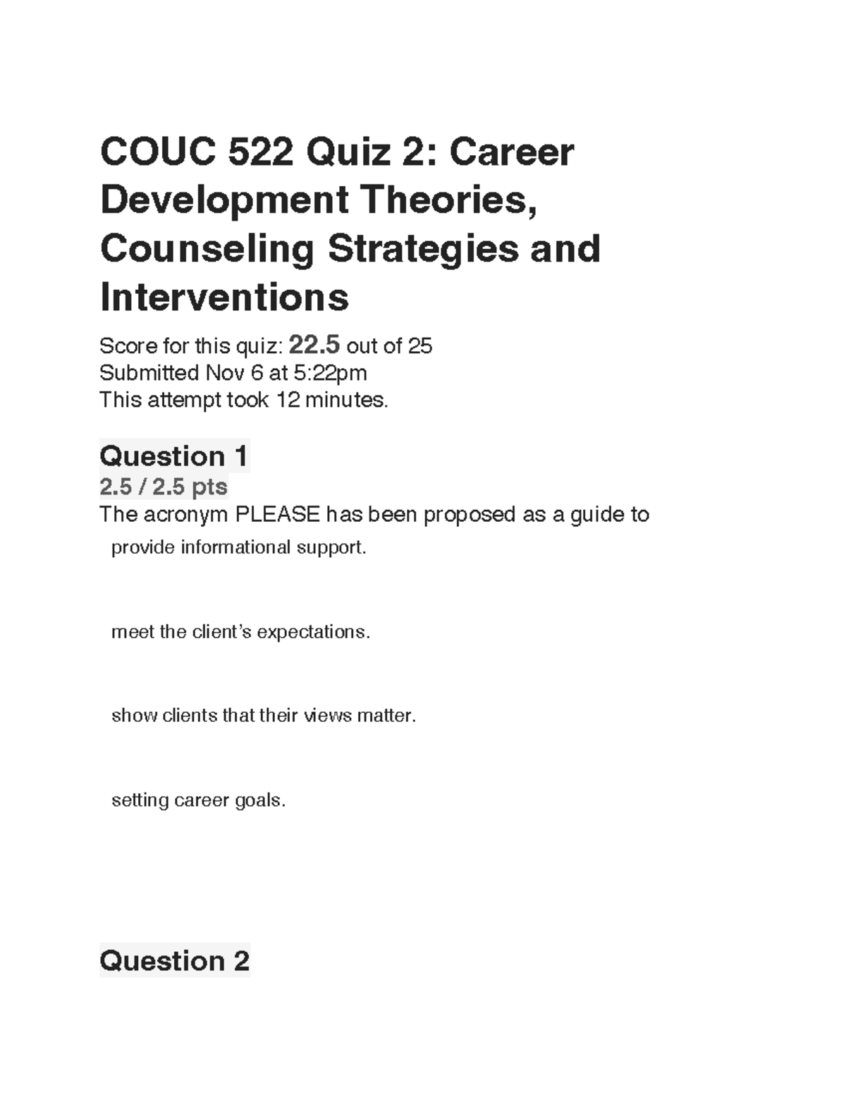 COUC 522 Quiz 2: Career Development Theories & Counseling Strategies - Studocu