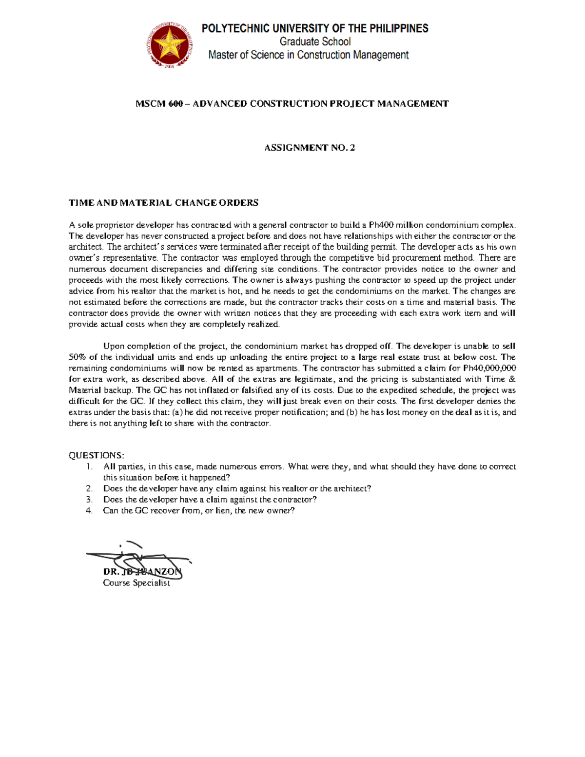 MSCM 600 Assignment 2 Analysis of Time & Material Change Orders - Studocu