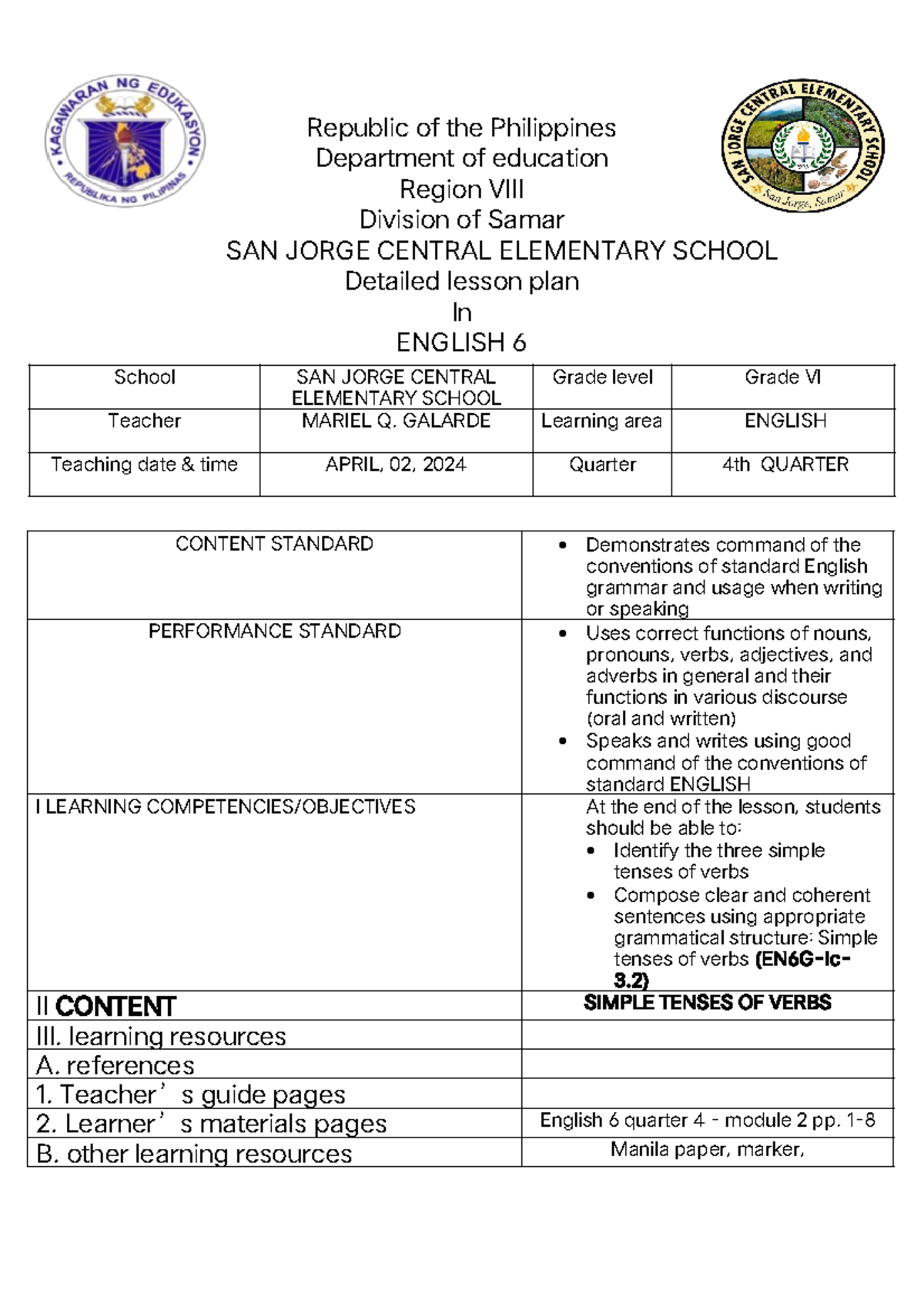 Detailed Lesson Plan for English 6: Simple Tenses (Quarter 4) - Studocu