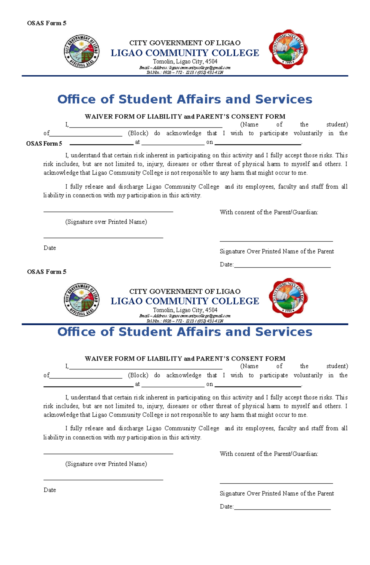 OSAS Form 5: Waiver of Liability & Parent Consent - Studocu