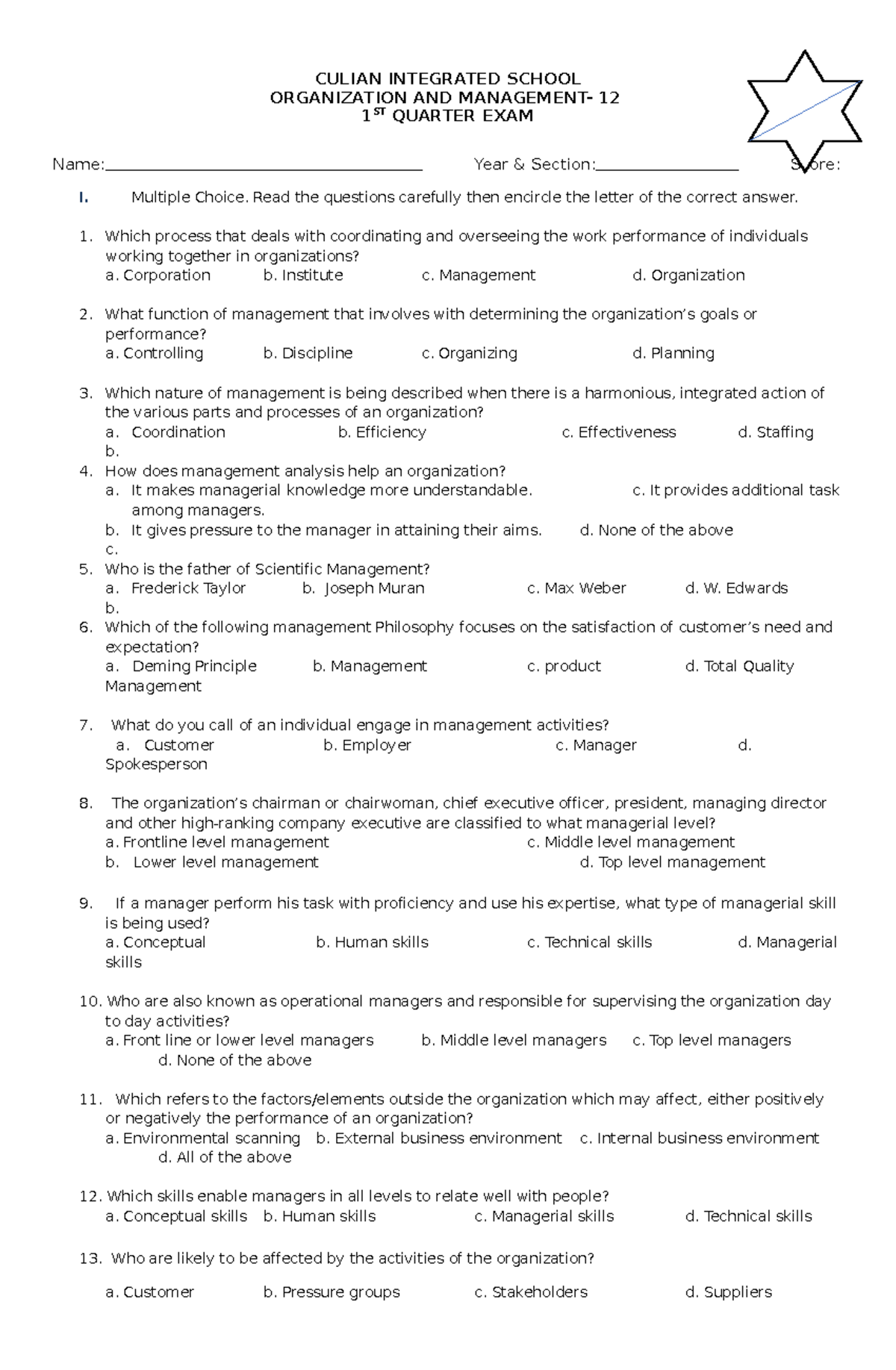 Organization & Management 12 - 1st Quarter Periodical Test - Studocu