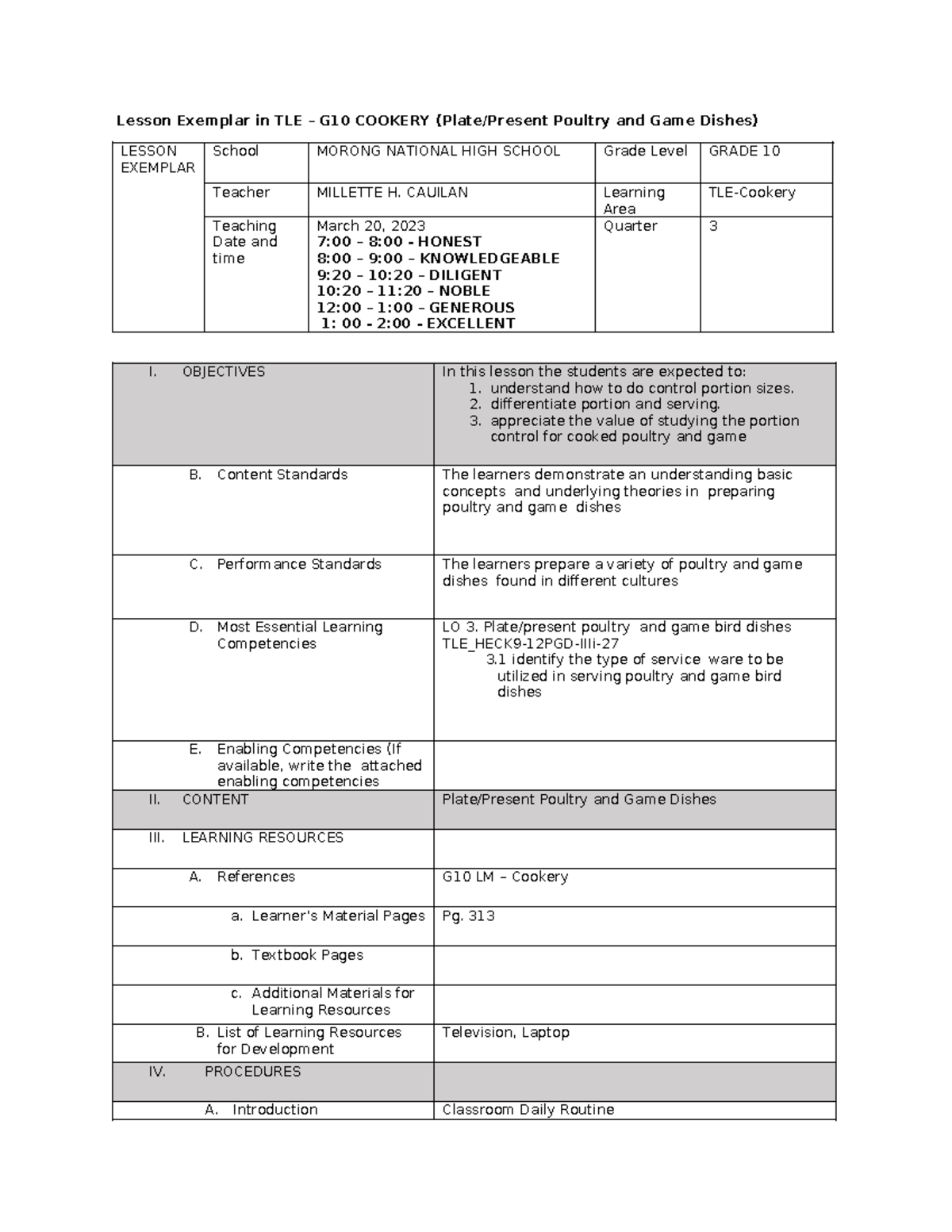 G10 TLE Cookery Lesson Exemplar: Plating Poultry & Game Dishes - Studocu