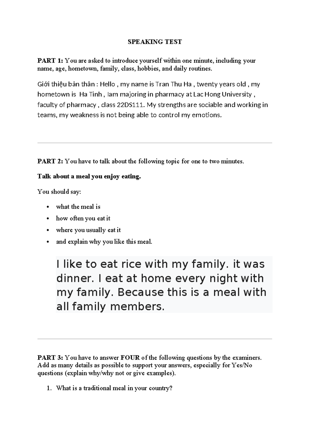 English Speaking TEST - SPEAKING TEST PART 1: You are asked to ...