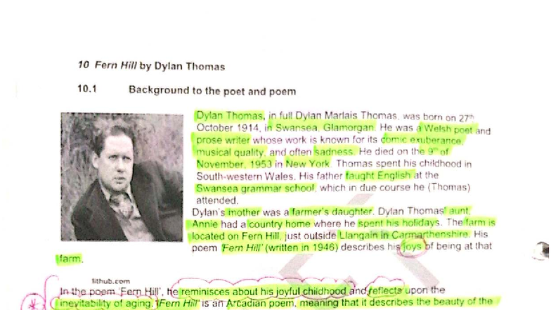 Fern Hill - G10 Dylan Thomas Exam Notes and Analysis - Studocu