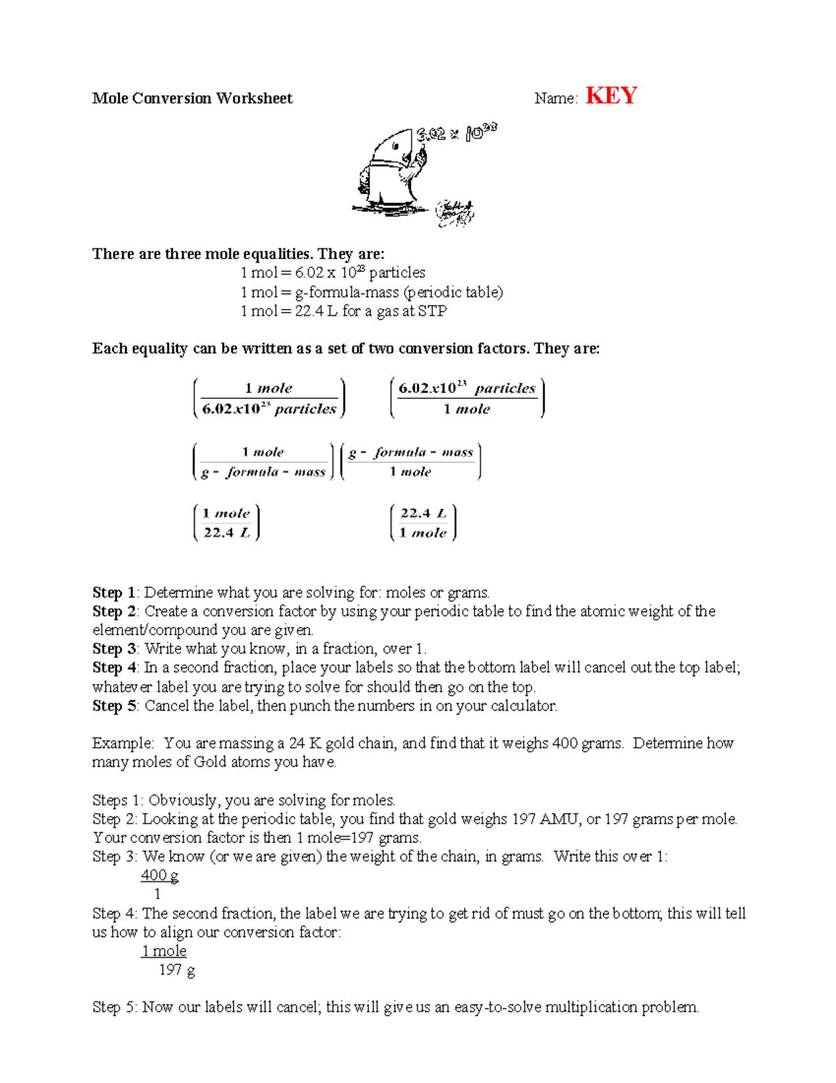 Mole Conversion Worksheet Answer Key - Chem 101 - Studocu