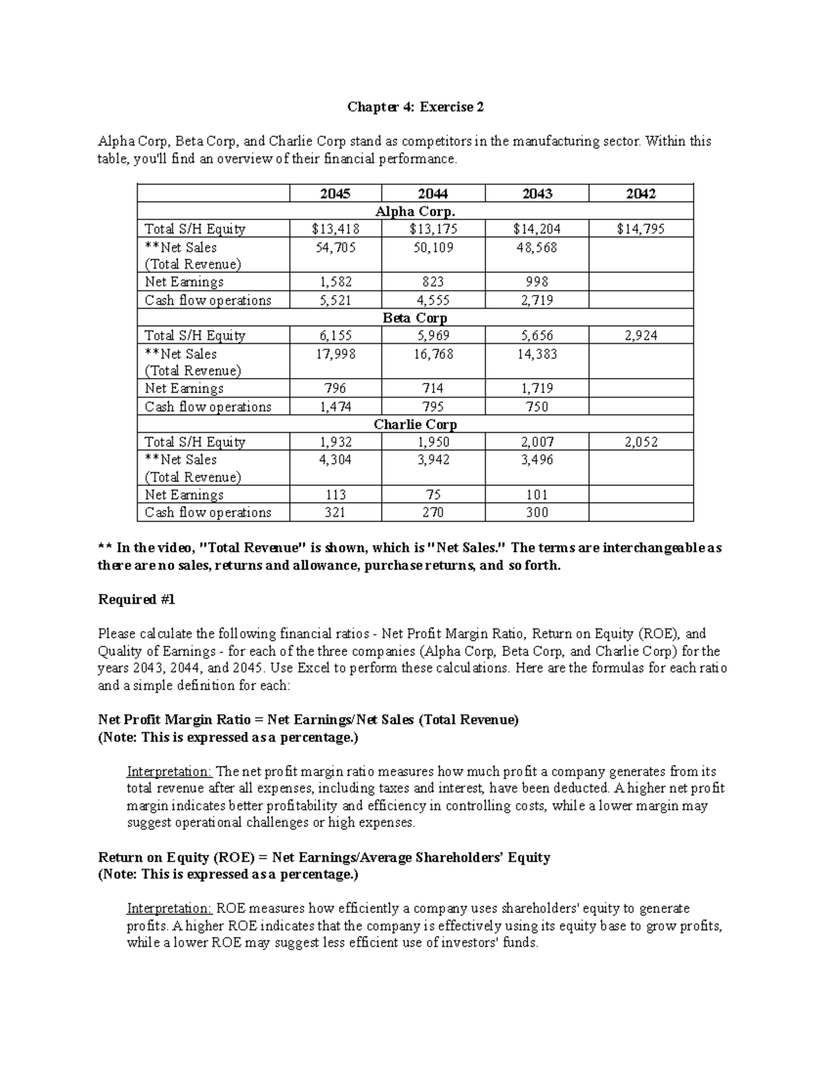 Ch 4 Ex 2 - Exercises - Chapter 4: Exercise 2 Alpha Corp, Beta Corp ...