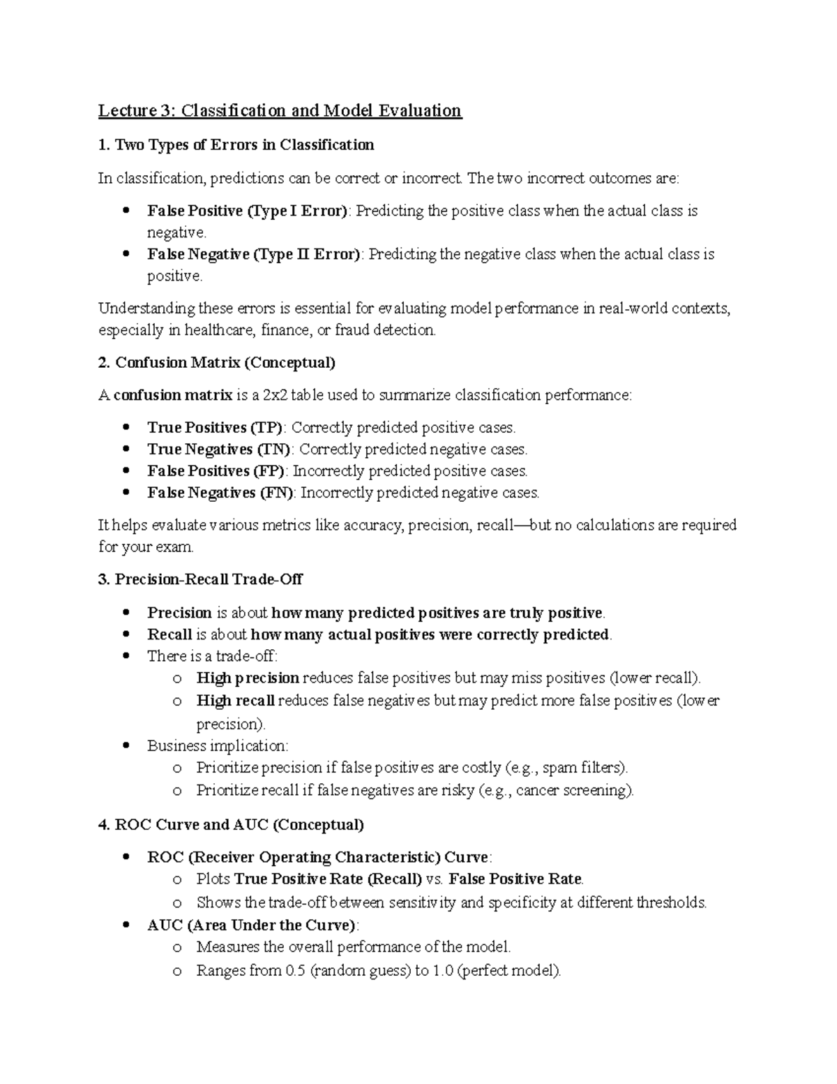 ML 3: Classification & Model Evaluation - Lecture Insights - Studocu