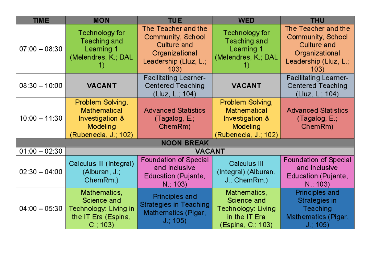 Class Schedule for Technology and Education Courses (TIME MON-FRI ...
