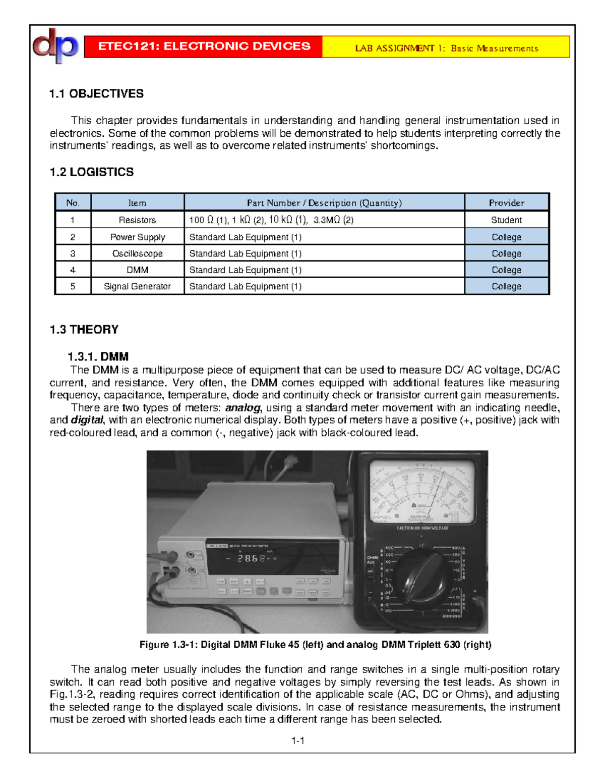 ETEC121: Electronic Devices Lab Assignment 1 - Basic Measurements - Studocu