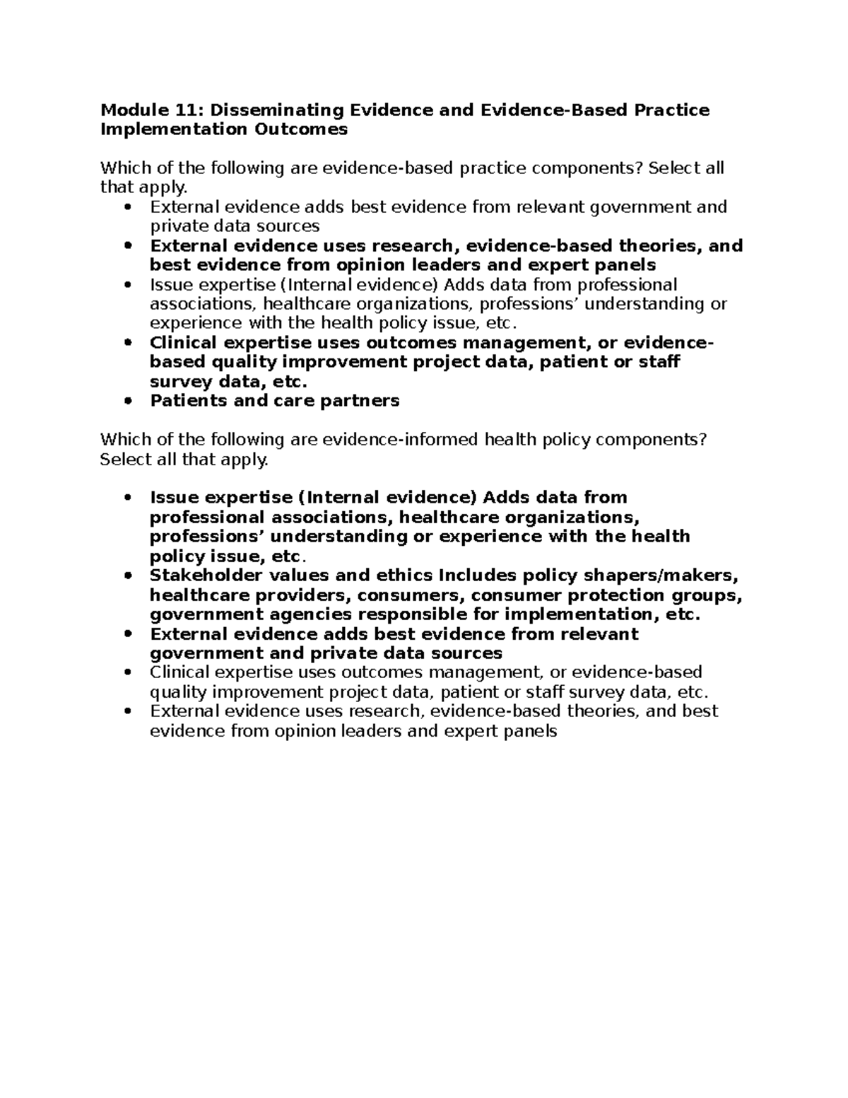 Module 11: Evidence Dissemination and EBP Implementation Insights - Studocu