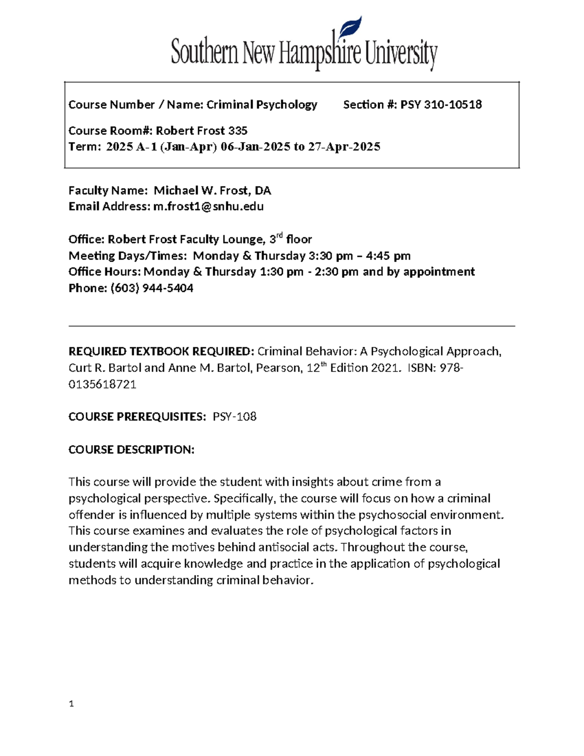 SNHU PSY 335: Criminal Psychology Course Overview & Syllabus 2025 - Studocu