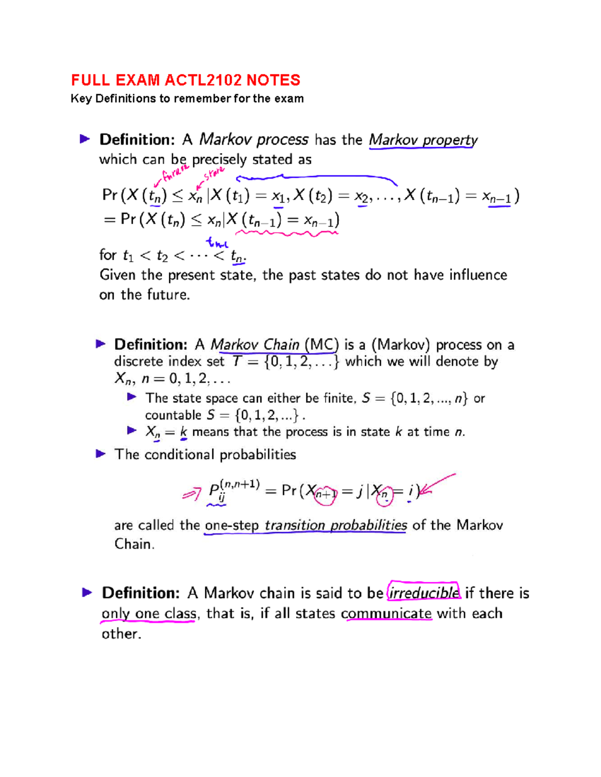 ACTL2102 Final Exam Notes: Key Definitions & Common Questions - Studocu