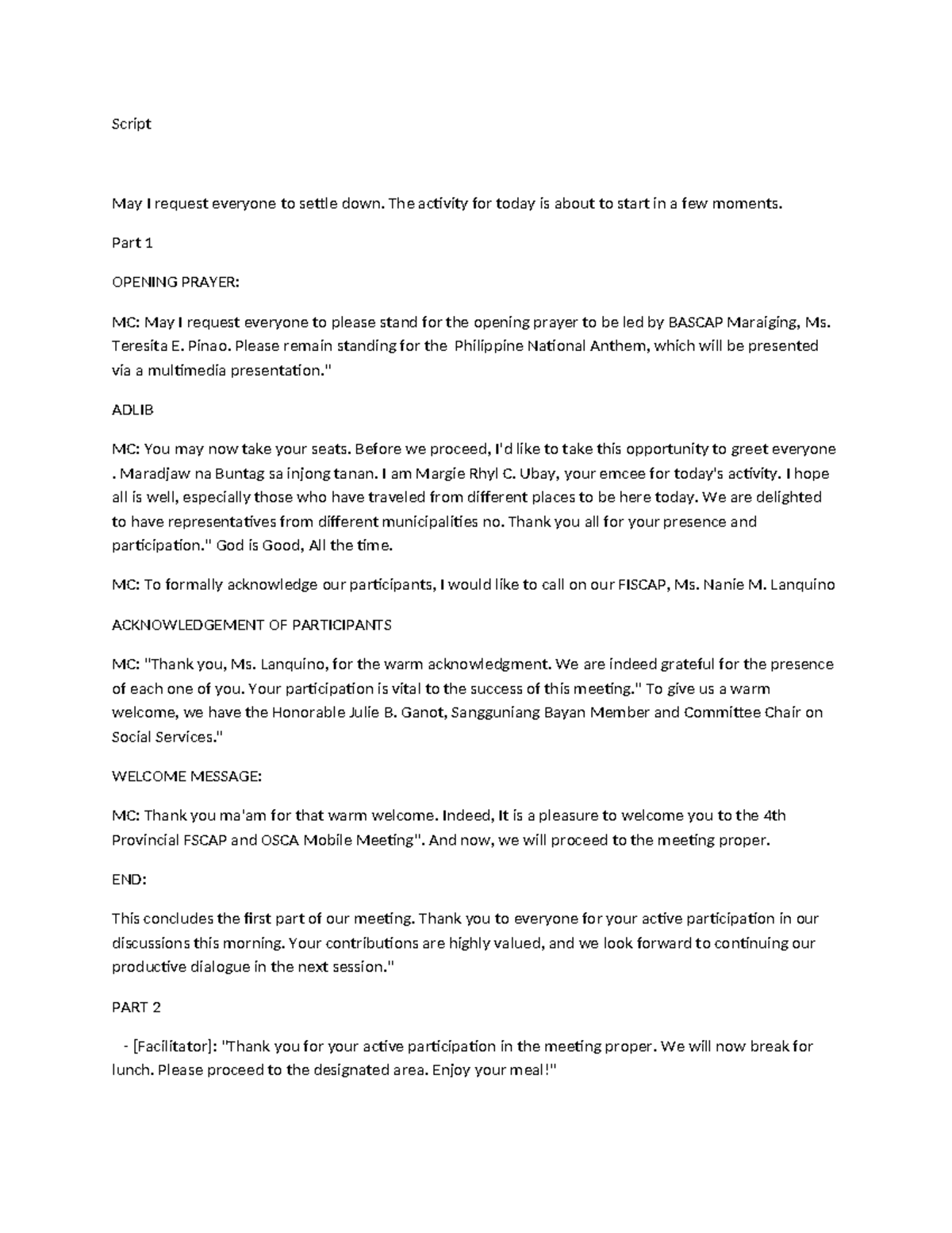 Emcee Script for 4th Provincial FSCAP & OSCA Meeting - Studocu
