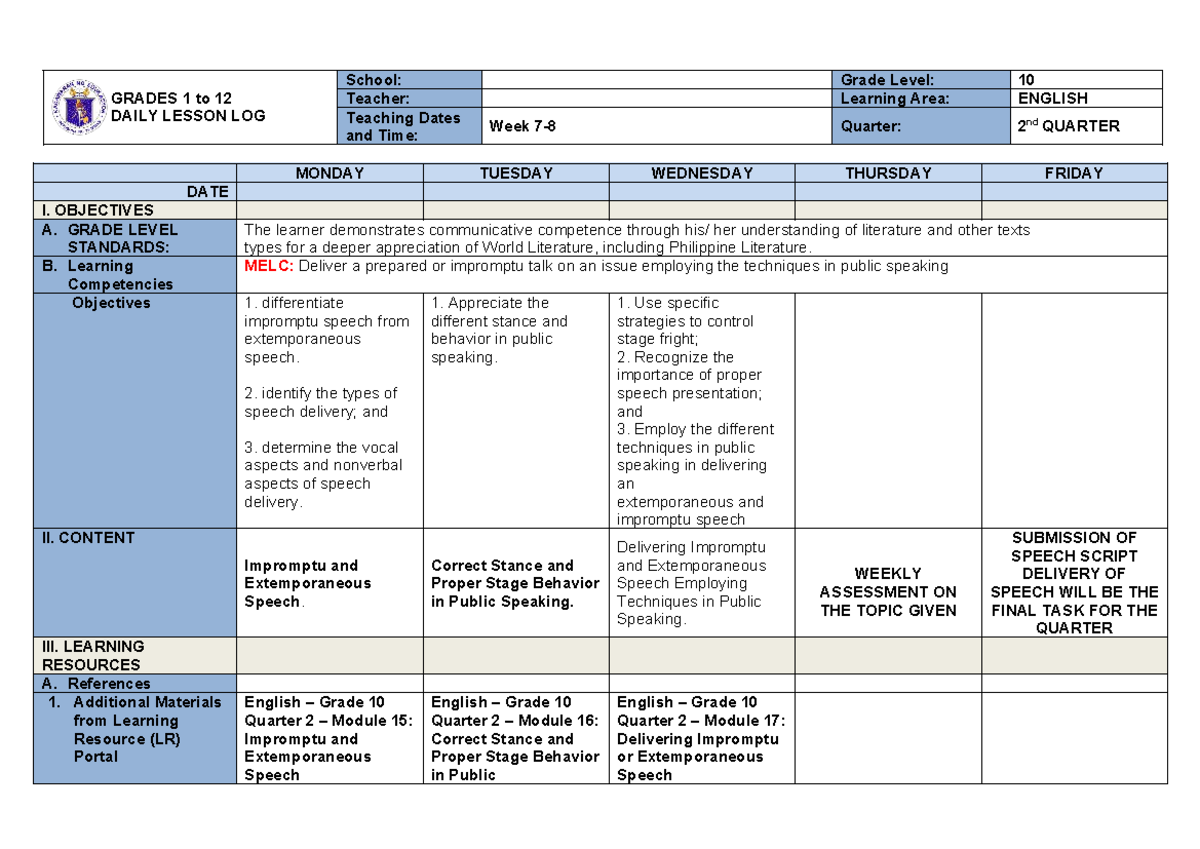 English 10 Q2 Lesson Plan: Impromptu & Extemporaneous Speech Delivery ...