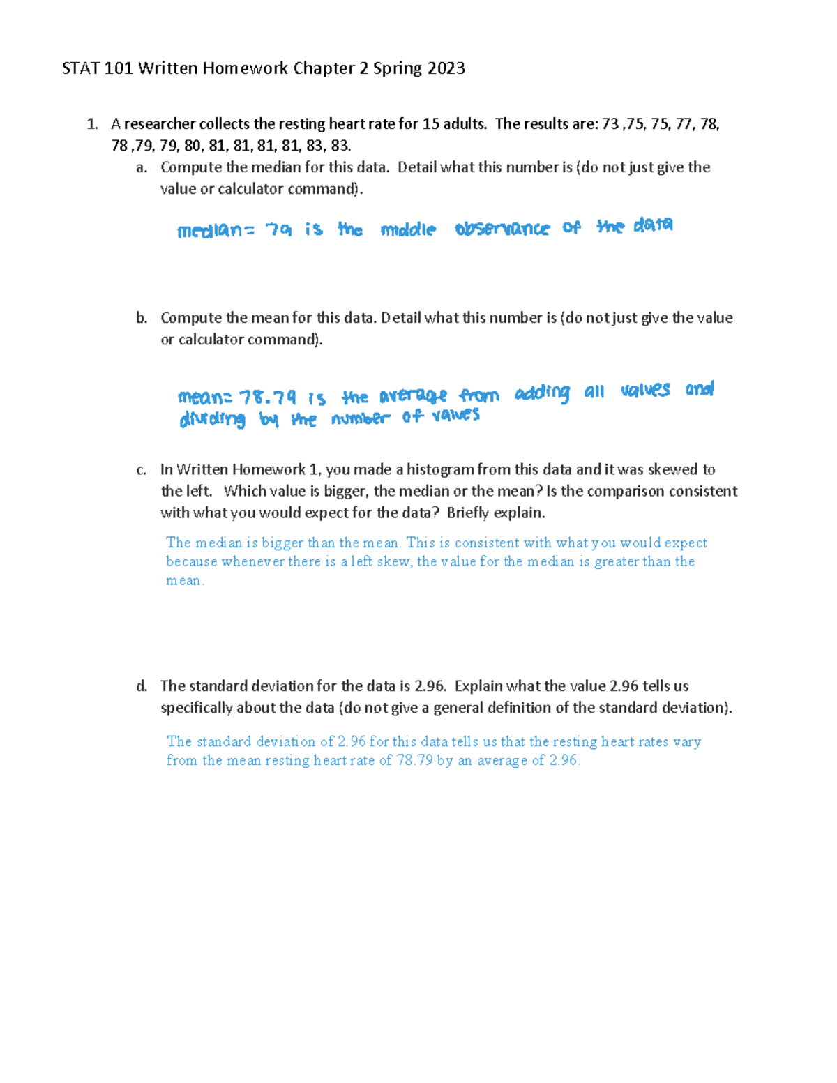 STAT Ch 2 Written HW - STAT 101 Written Homework Chapter 2 Spring 2023 ...