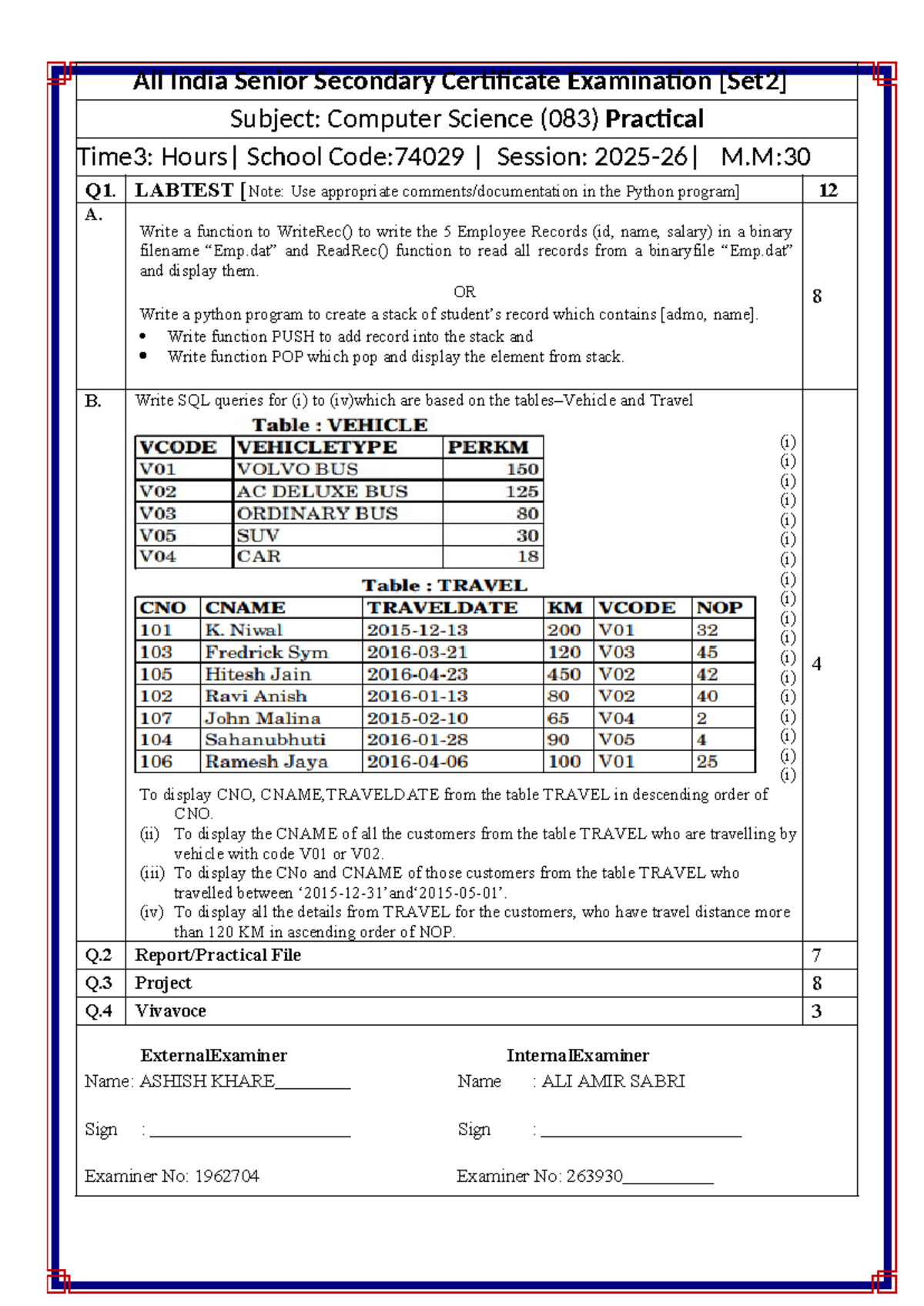 Computer Science (083) Practical Exam QP-2: Employee Records & SQL ...