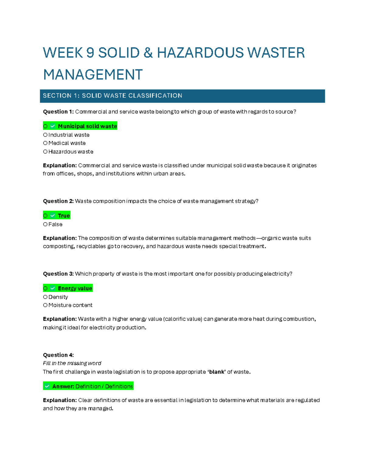 Week 9 - Solid & Hazardous Waste Management - Quiz Questions - Studocu