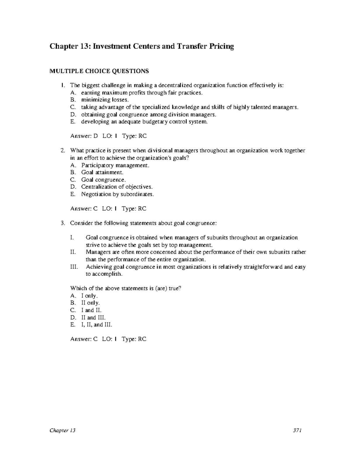 Chapter 13: Investment Centers & Transfer Pricing Concepts and MCQs ...