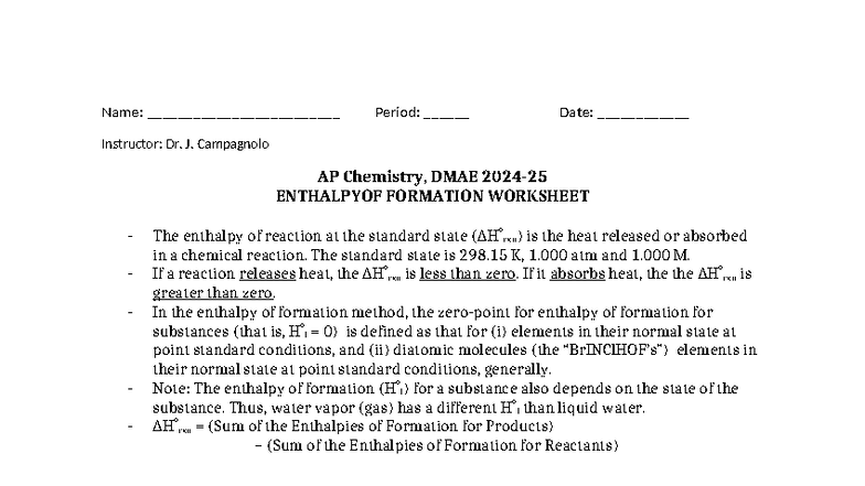 AP Chem Intro Enthalpy of Rxn Formation Data Wksht 2025 - Name