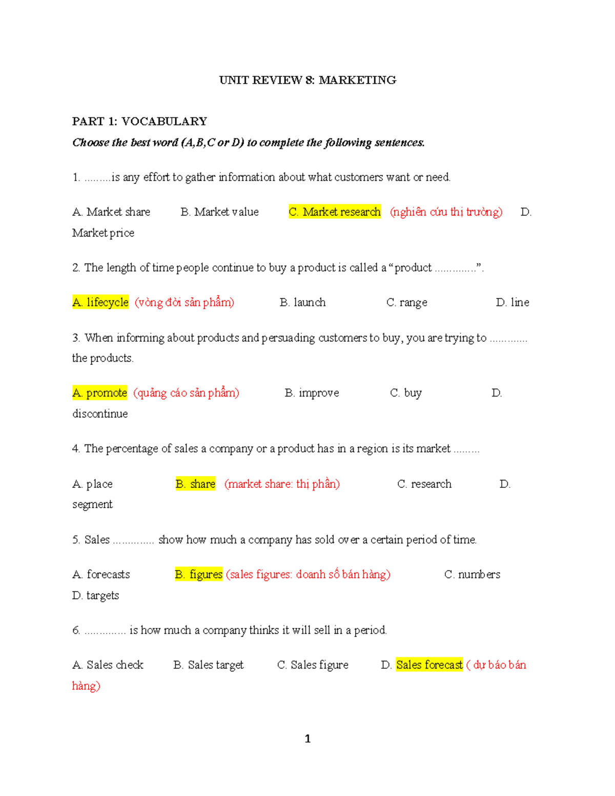 UNIT REVIEW 8: MARKETING VOCABULARY & CONCEPTS - Studocu