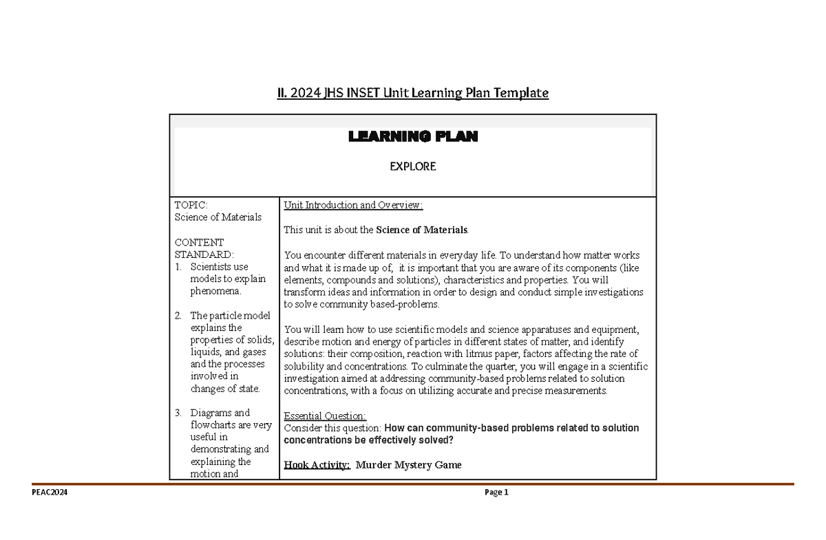 Science 8 Matatag 2024 INSET Learning Plan on Materials - Studocu
