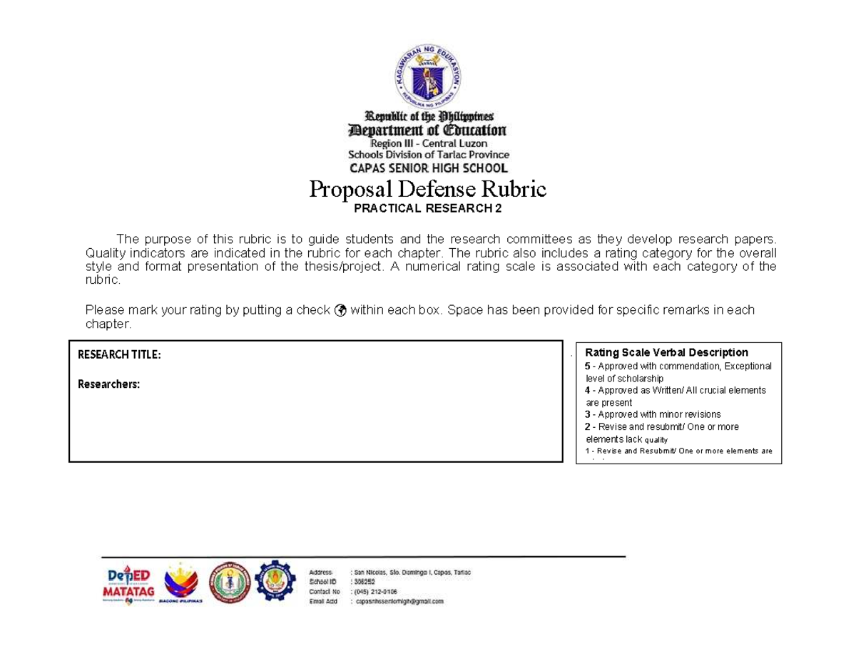 Proposal Defense Rubric for PRACTICAL RESEARCH 2 - Studocu