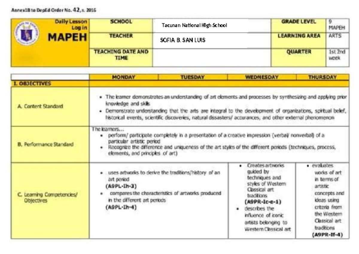 Q1 ARTS 9 DLL conv - Arts one of the components in MAPEH - Adapted ...