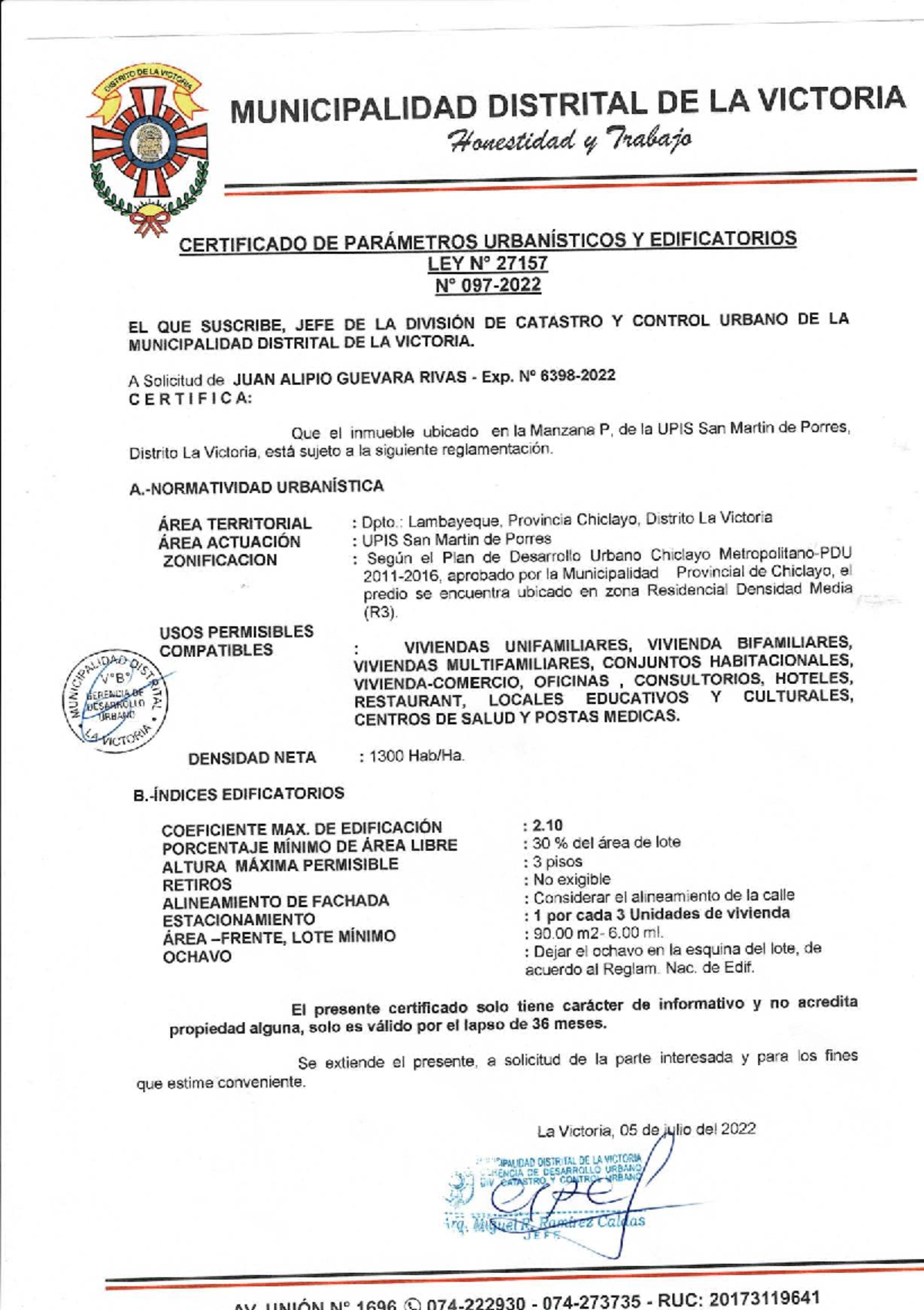 Certificado de Parámetros Urbanísticos - La Victoria (Ley 27157) - Studocu