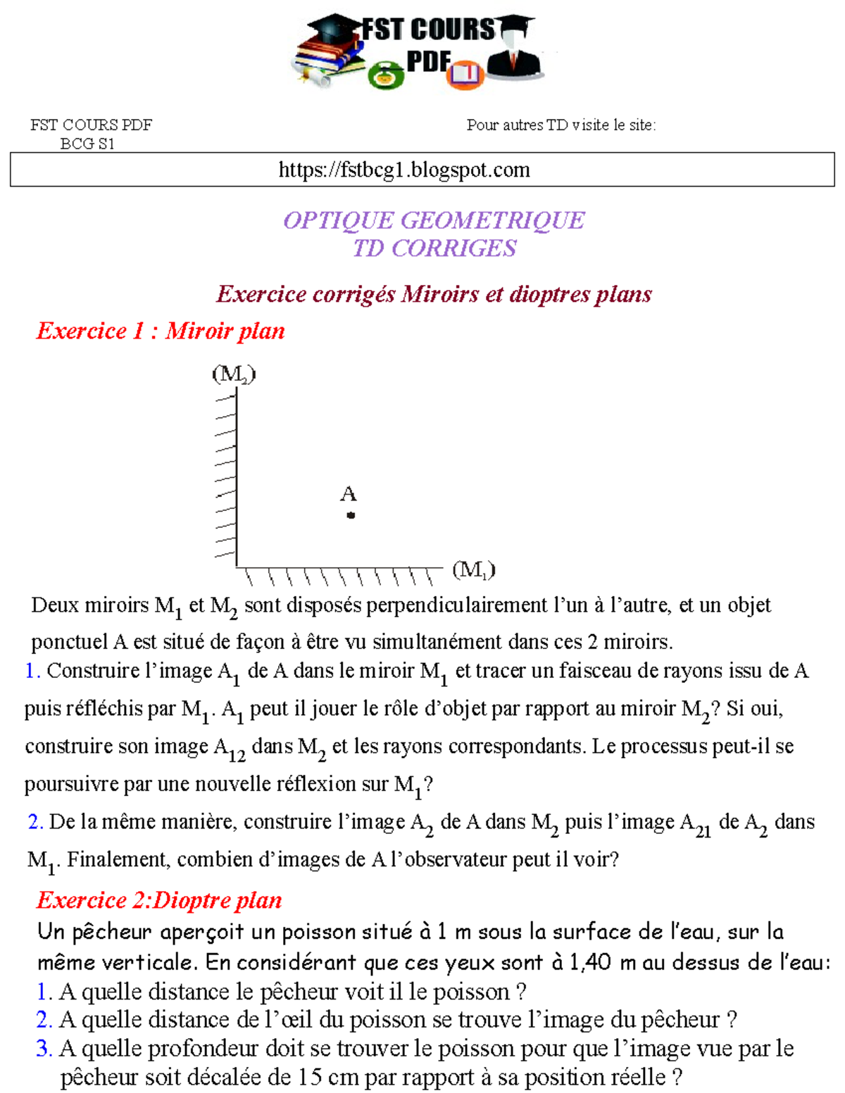 Exercices Corrigés : Miroirs et Dioptres Plans (FST) - Studocu