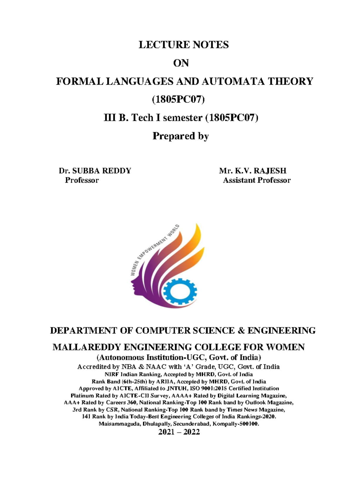 CSE-FLAT Digital Notes-FULL (2020-21) - LECTURE NOTES ON FORMAL ...