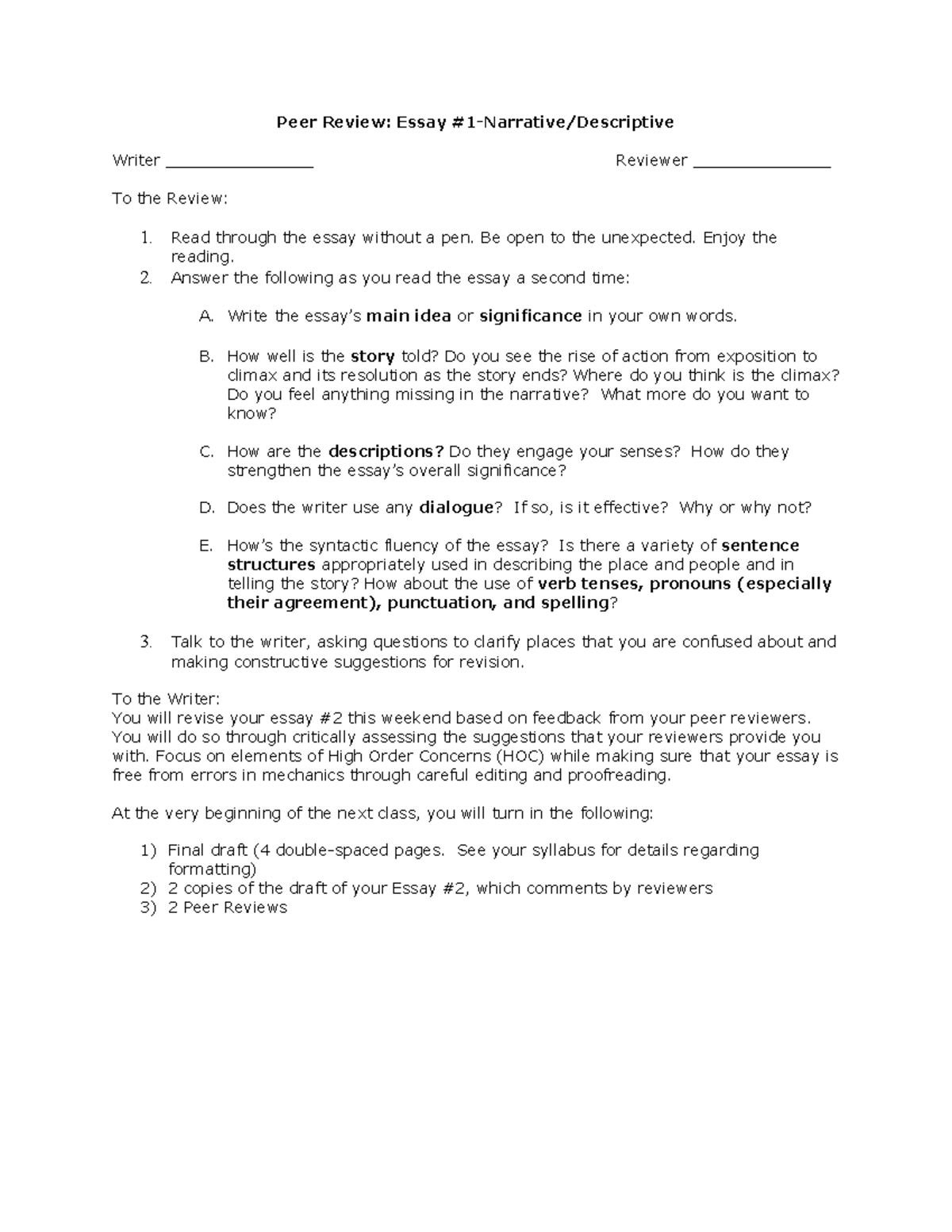 05 E1 Peer Review Guidelines - Peer Review: Essay #1-Narrative ...