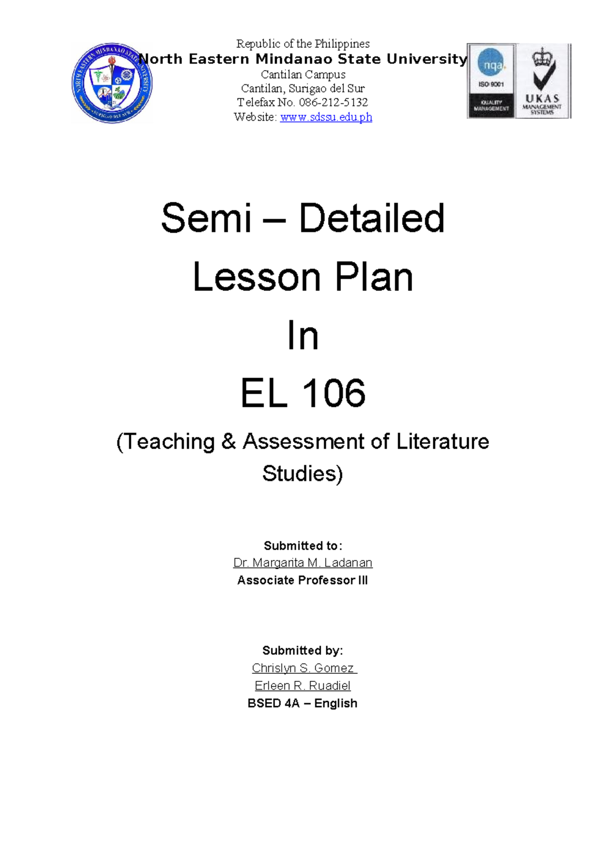 Lesson Plan: C2 Genres and Branches of Literature in EL 106 - Studocu
