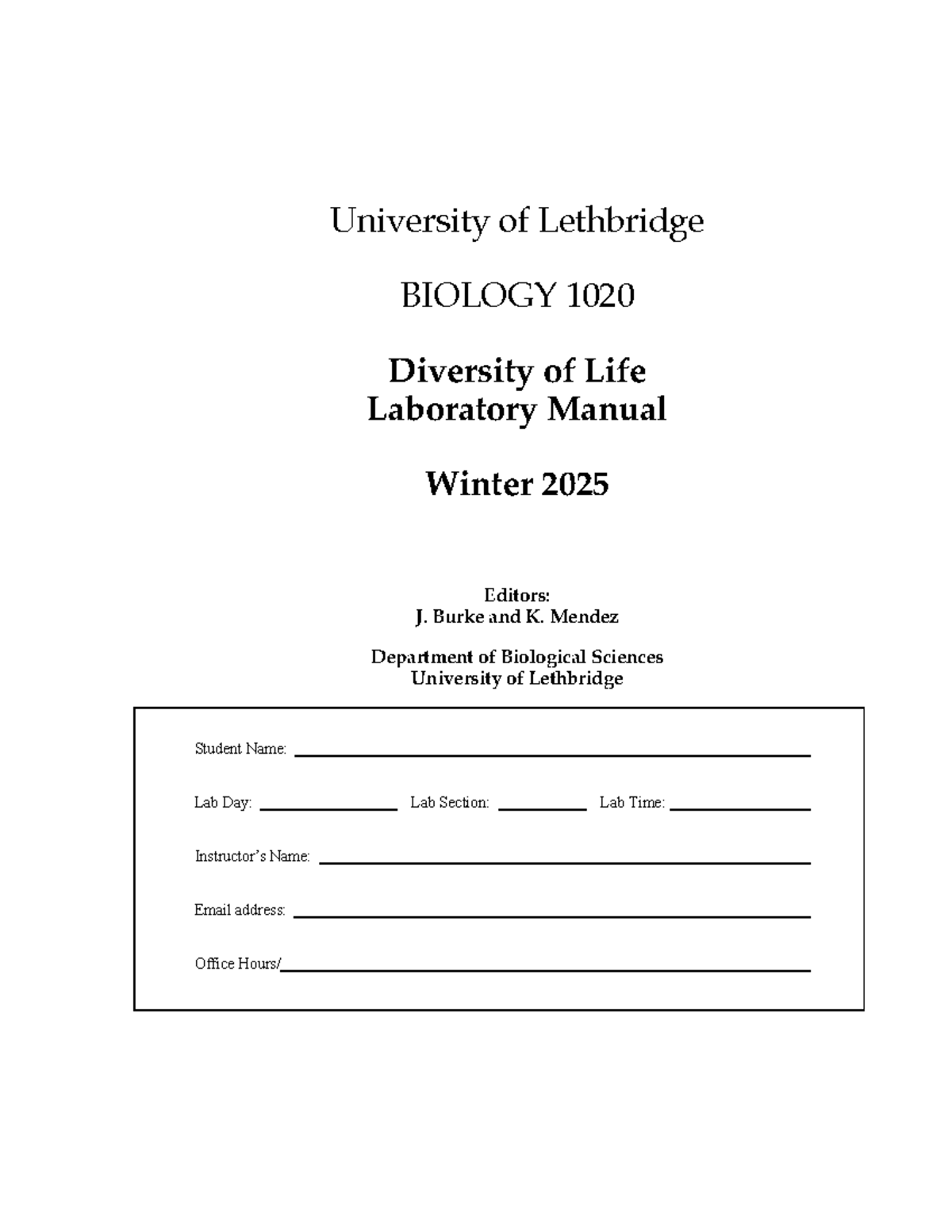 Biol 1020 Lab Manual Winter 2025 - University of Lethbridge BIOLOGY ...