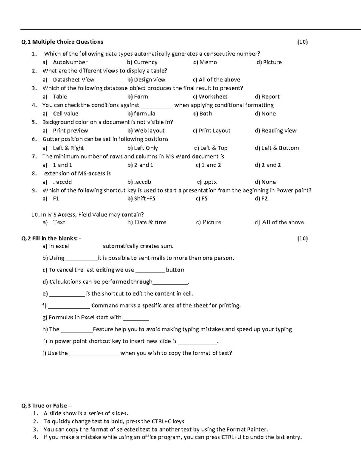 Sample Questions - MS Word & Excel (Q.1 MCQs, Fill in Blanks, True ...