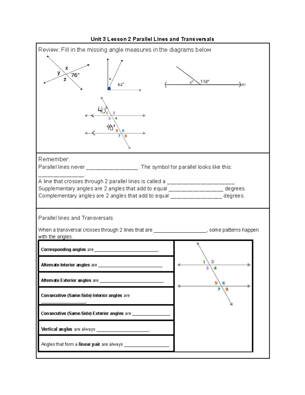 Unit 3 Lesson 2: Review of Parallel Lines & Transversals - Studocu
