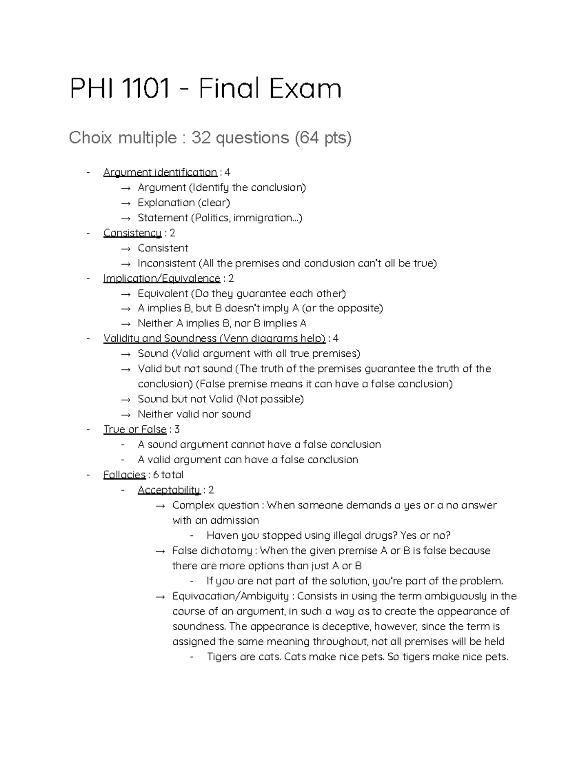 PHI 1101 Final Exam Review: Argument Identification & Analysis - Studocu