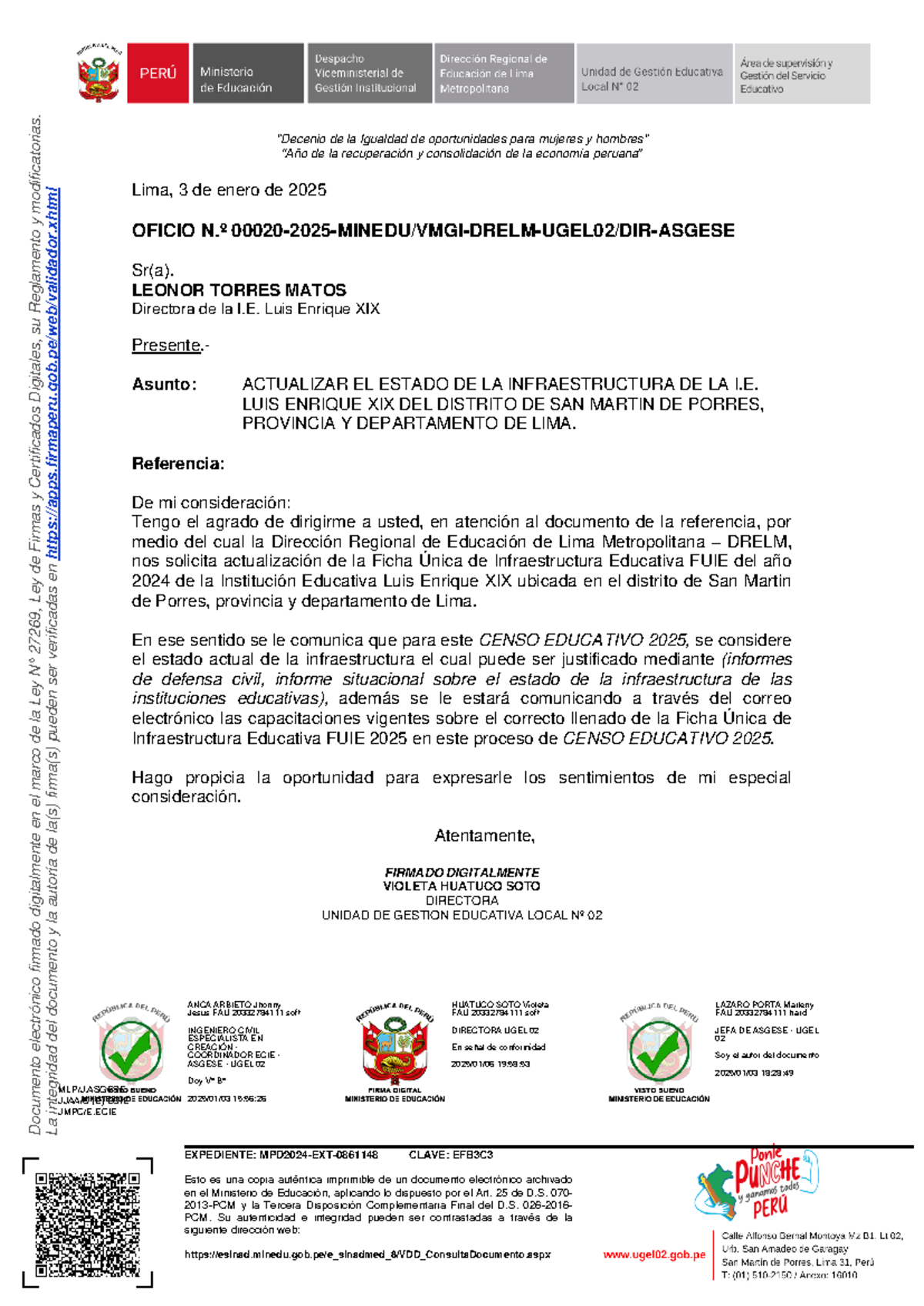 Oficio 00020 2025 Minedu VMGI Drelm UGEL02 DIR Asgese - Documento ...