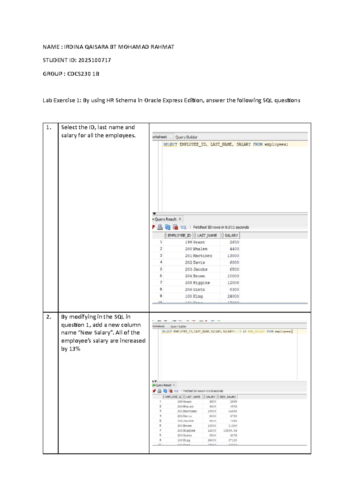 Lab Exercise 1-3: SQL Queries Using HR Schema in Oracle (ICT502) - Studocu