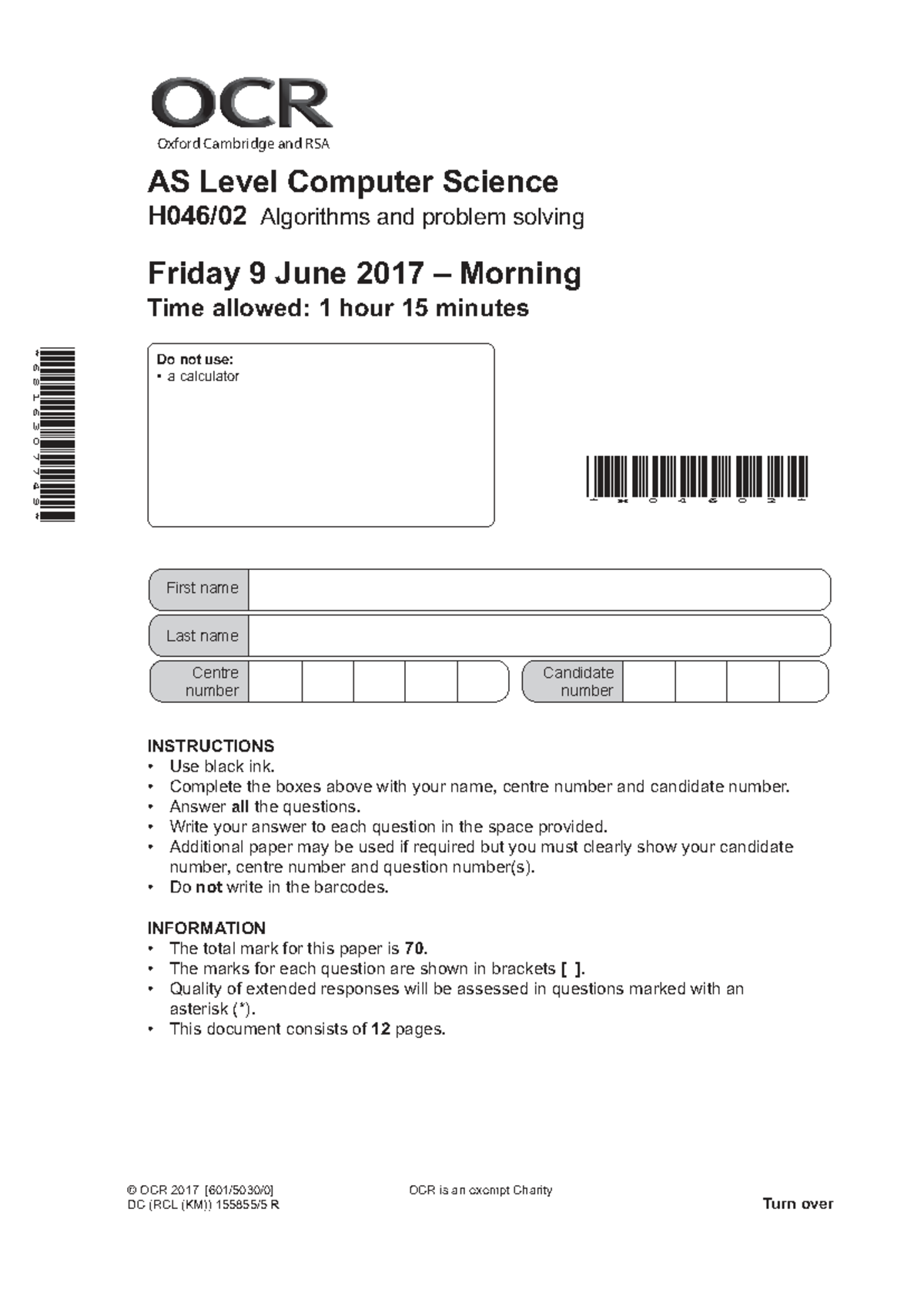 OCR AS Level Computer Science Algorithms & Problem Solving Exam Paper - June - Studocu