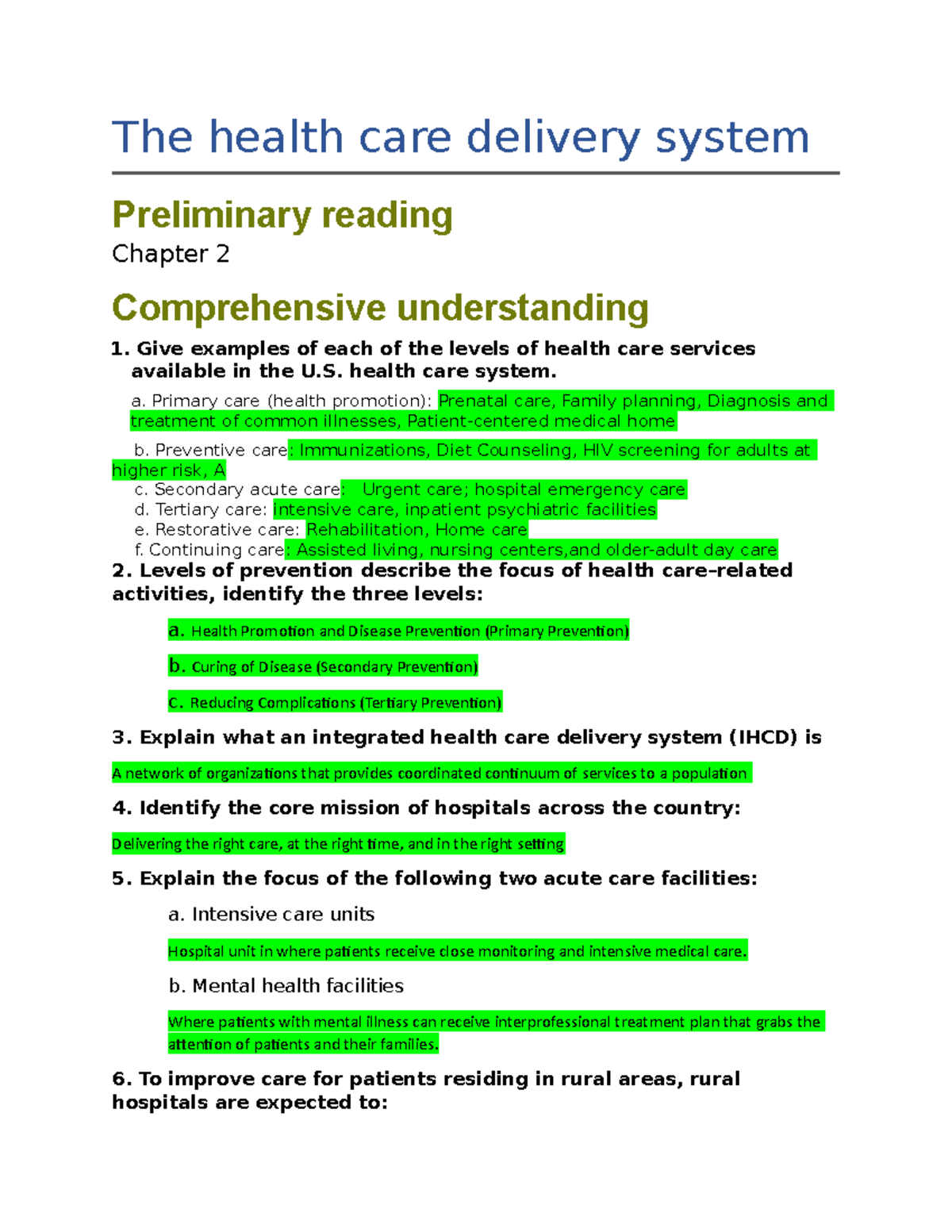 Chapter 2: Understanding the U.S. Health Care Delivery System - Studocu
