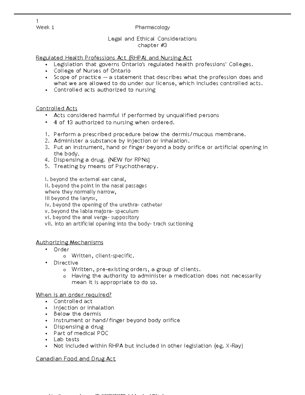 Week 1 Legal and Ethical Considerations - 1 Week 1 Pharmacology Legal ...