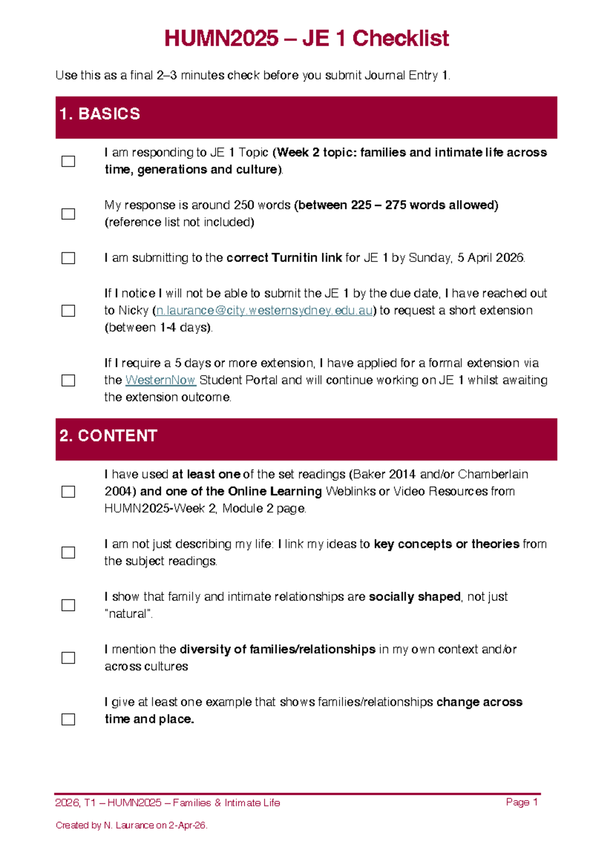 HUMN2025 JE 1 Final Submission Checklist for Journal Entry 1 - Studocu